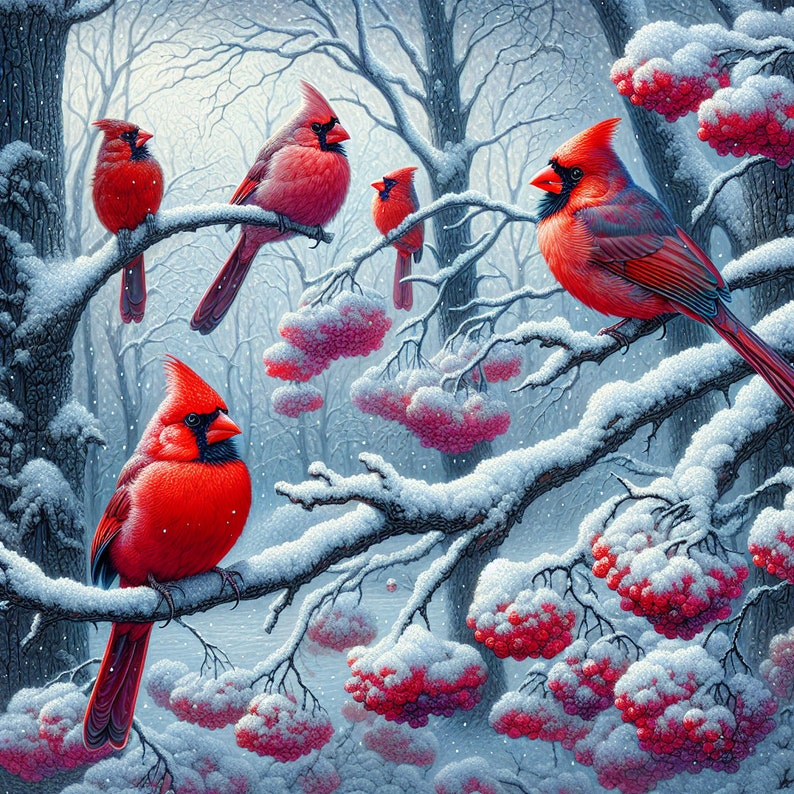 Cardinals in Snowy Trees Winter High Contrast Beautiful Digital Print ...