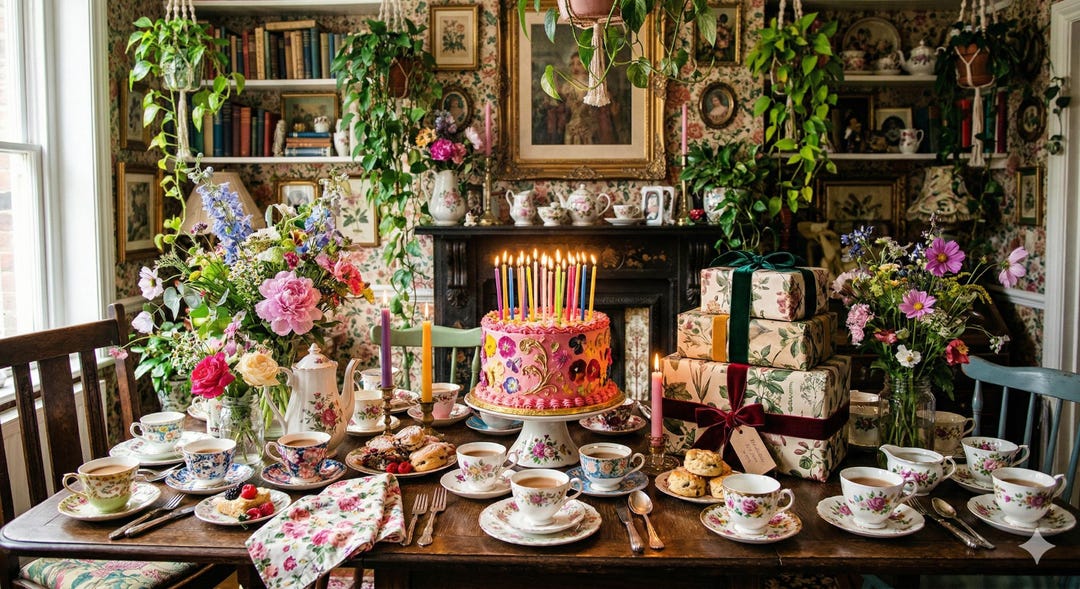 Vibrant Tea Party Birthday Card – Vintage Maximalist Printable Decor ...