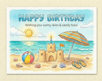 Animated Beach Birthday Card – Watercolor Sandcastle Summer Video ...