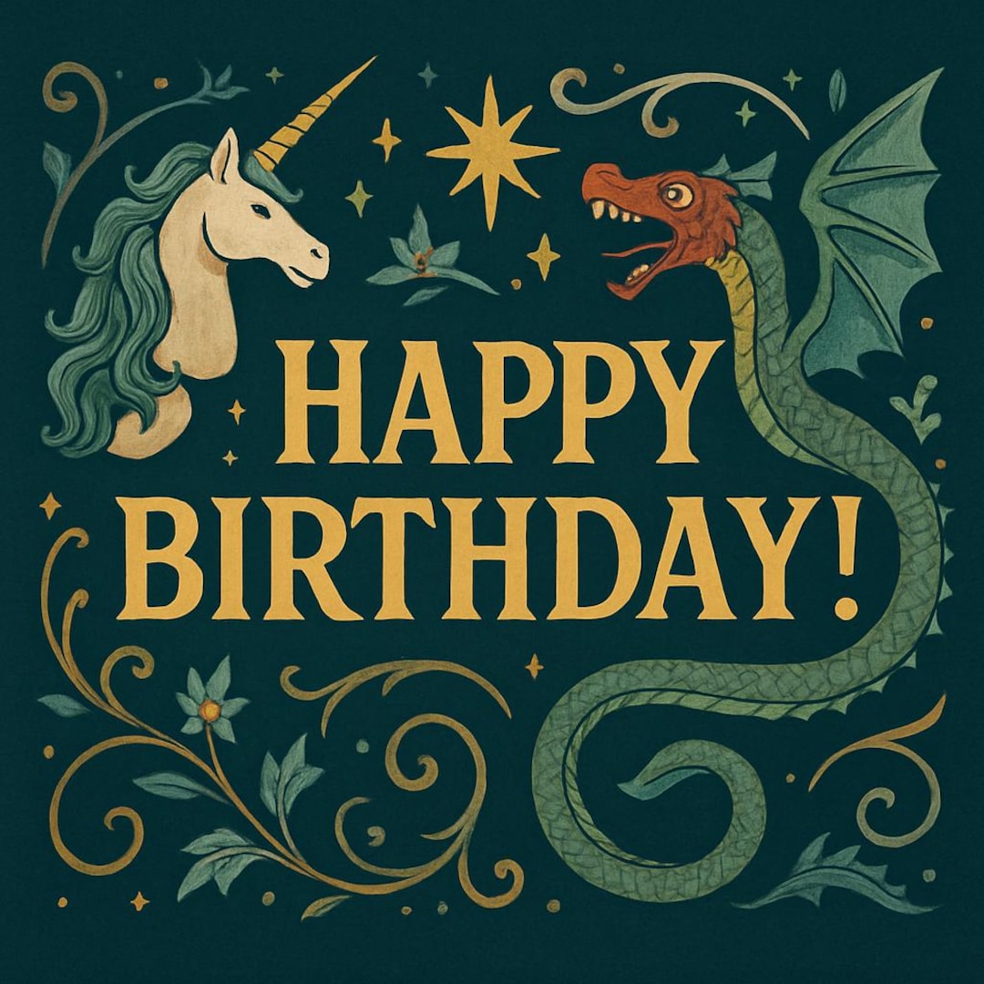 Mythical Happy Birthday Print Dragon Unicorn Illustration Mythology ...