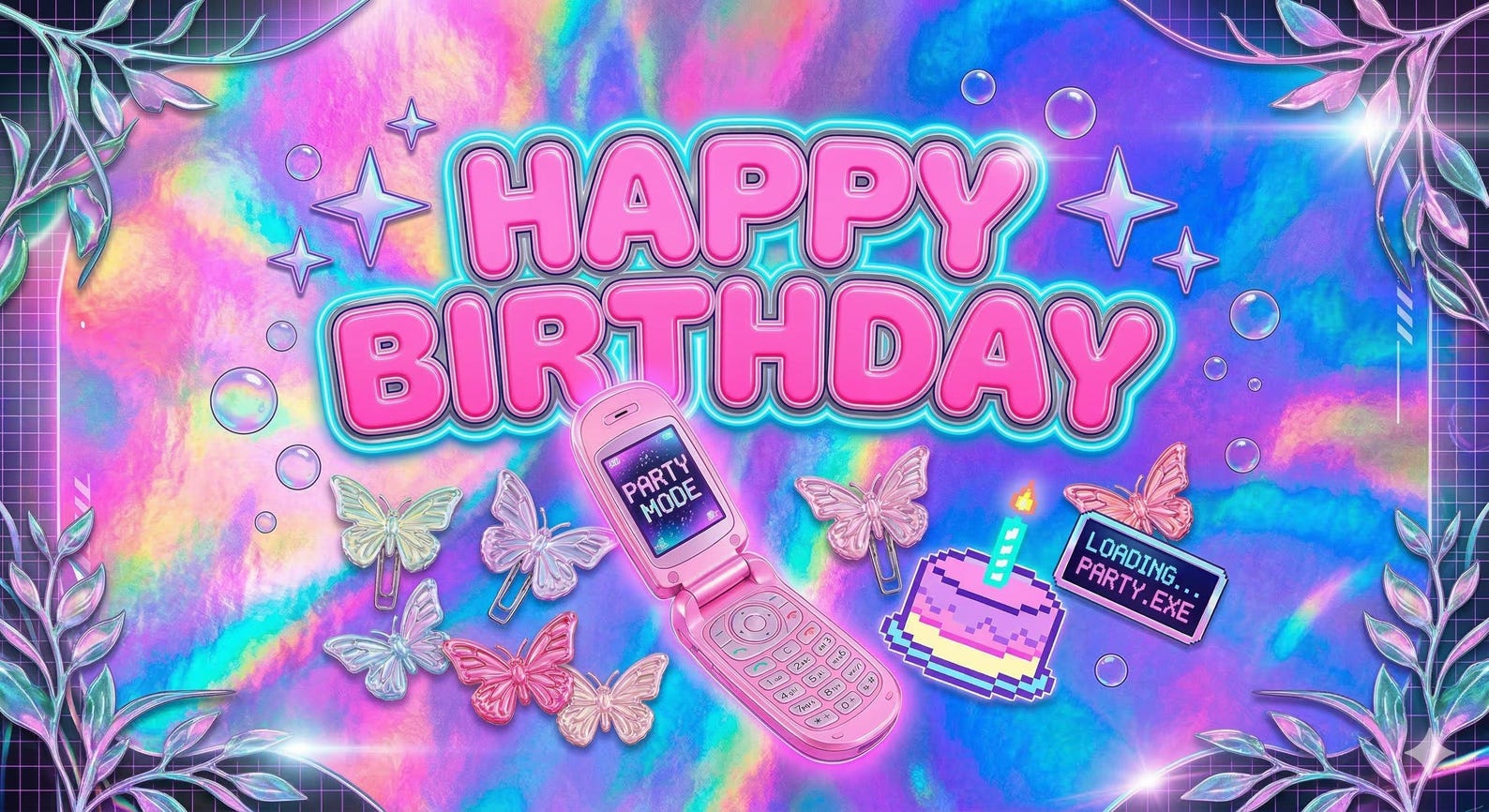 Y2K Birthday Card – Pink Flip Phone, Holographic Butterflies Printable ...