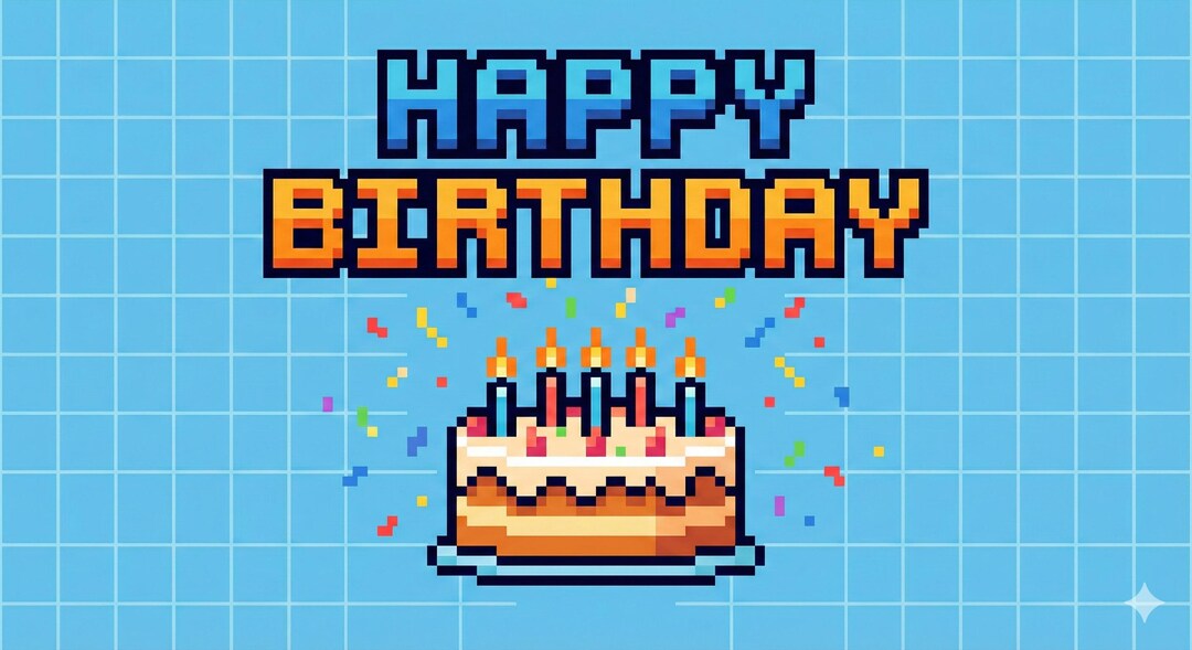 8 Bit Birthday Card, Pixel Art Gamer Cake, Level up Party (digital ...