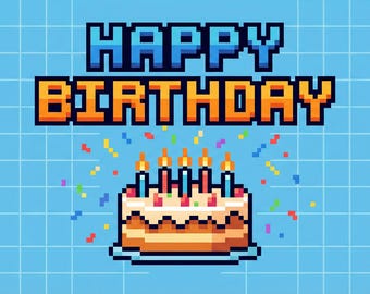 8 Bit Birthday Card, Pixel Art Gamer Cake, Level up Party (digital ...