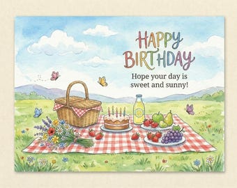 Watercolor Picnic Birthday Card Print, Sweet Sunny Printable Greeting ...