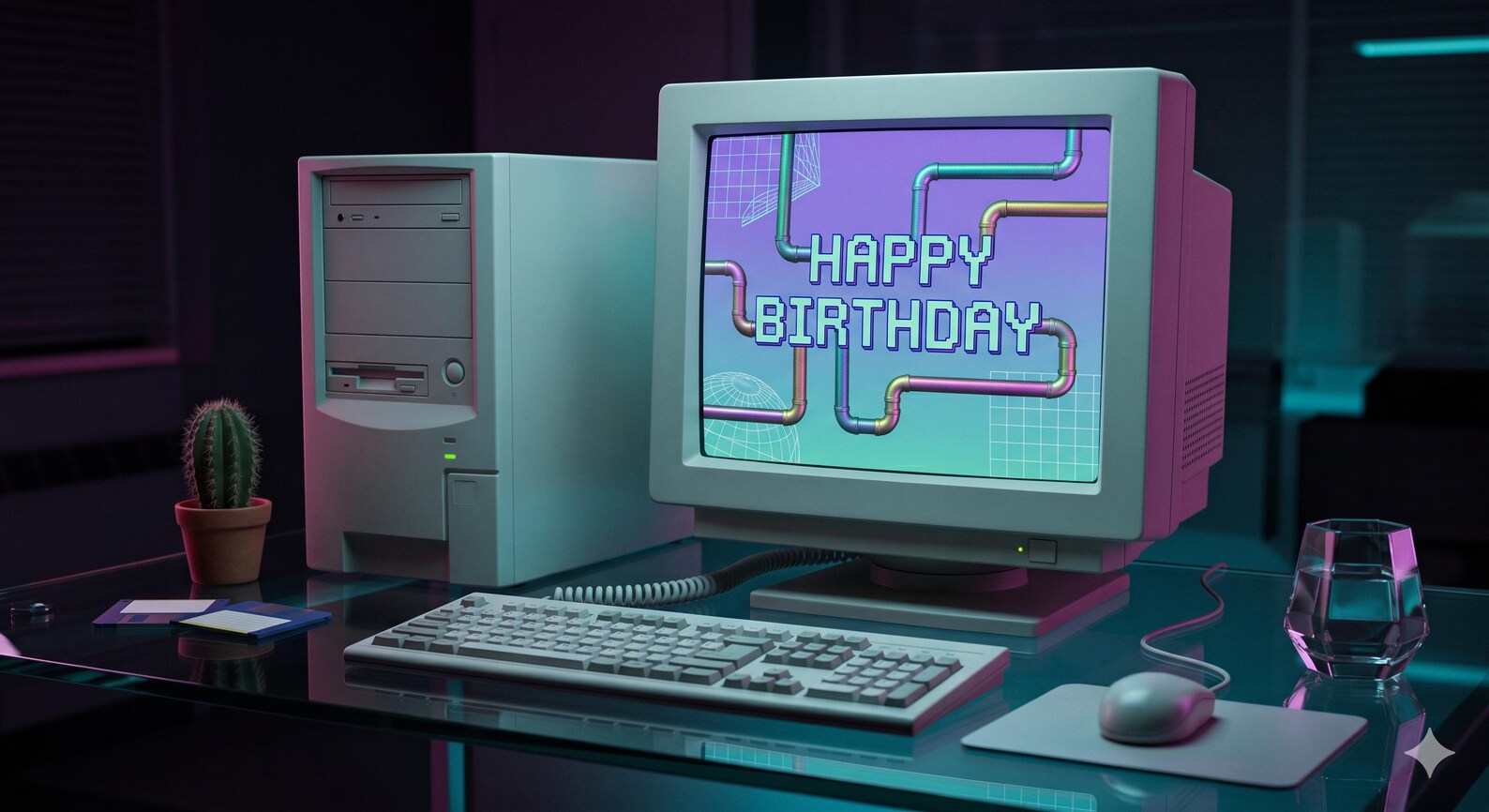 Retro 90s Computer Birthday Card, Windows Screensaver 3D Pipes Art ...