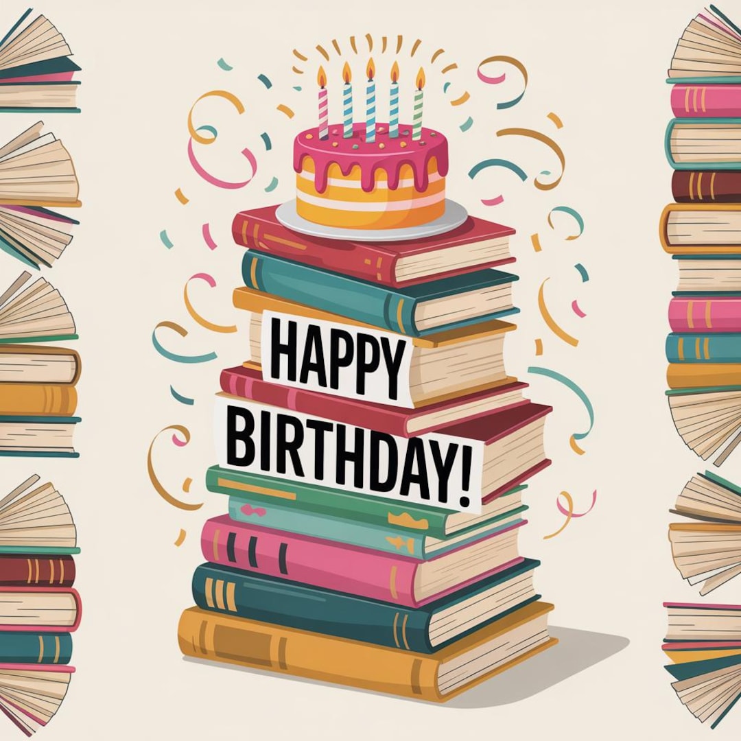 Book Lover Birthday Print: Cake on Books - Librarian Wall Art (digital ...