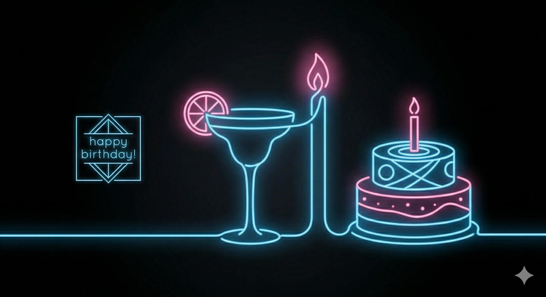 Neon Minimal Birthday Card – One Line Cocktail, Cake, Candle Line Art ...