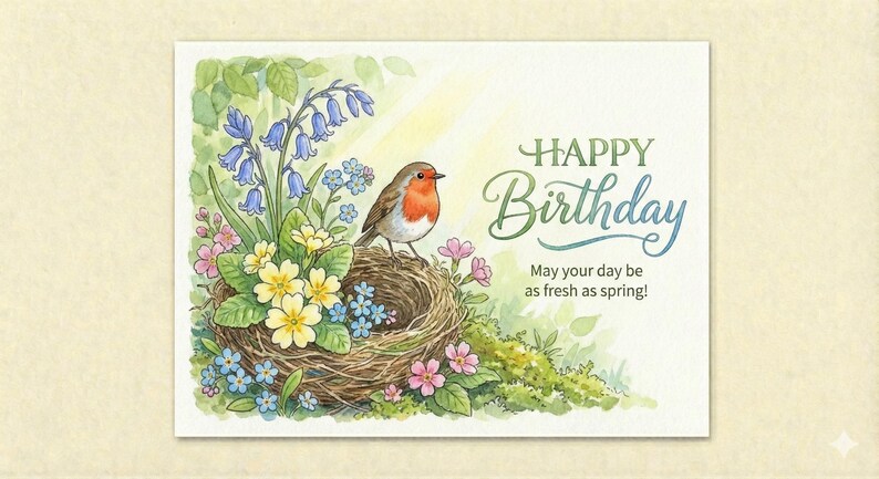 Watercolor Robin Birthday Card, Floral Printable Greeting (digital ...