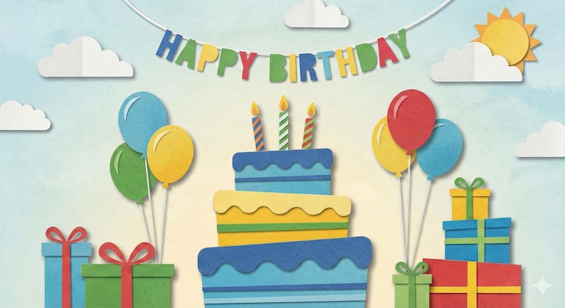 Paper Cutout Birthday Card Print, Printable Colorful Kids Party Decor ...
