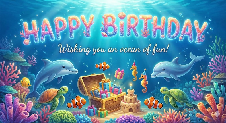 Animated Under the Sea Birthday Video E-card | Dolphin, Turtle (MP4 ...
