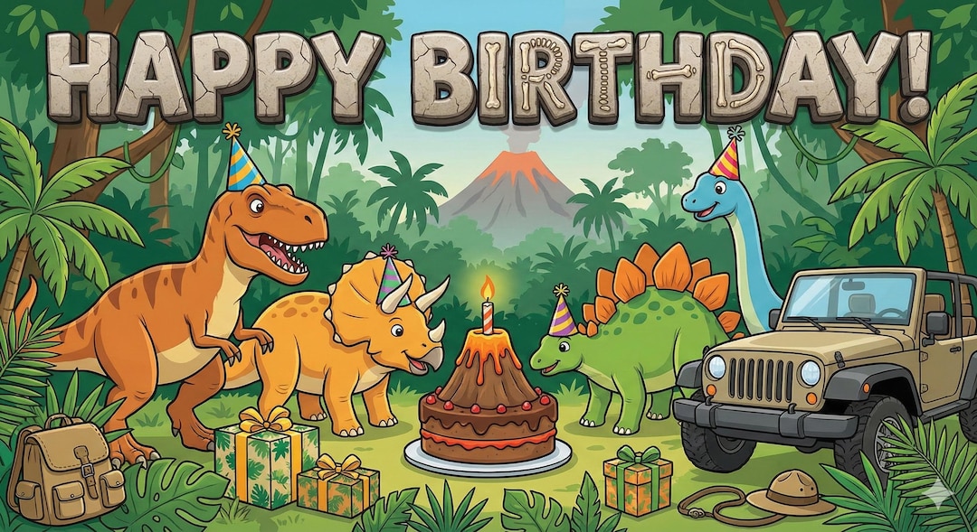 Dinosaur Birthday Card Print, T-rex Triceratops Volcano Printable Decor ...