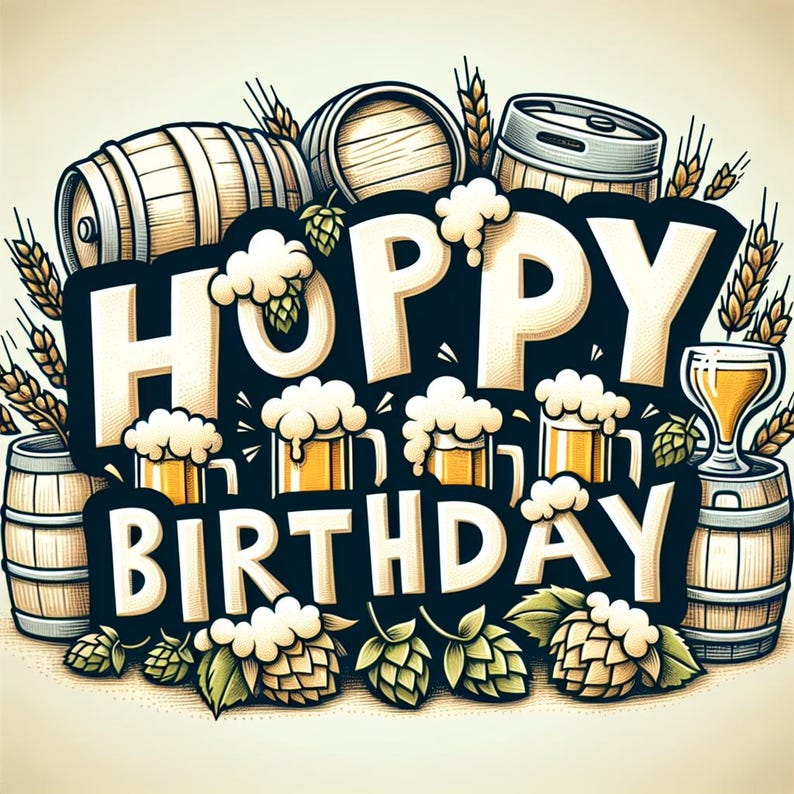 Hoppy Birthday Card With Beer Barrels Hops Mugs Printable Craft Beer ...