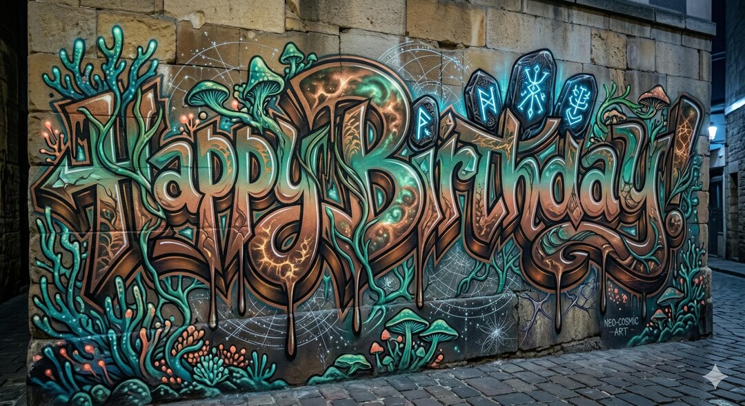 Earthy Graffiti Birthday Card Print | Mushroom & Rune Printable | Urban ...