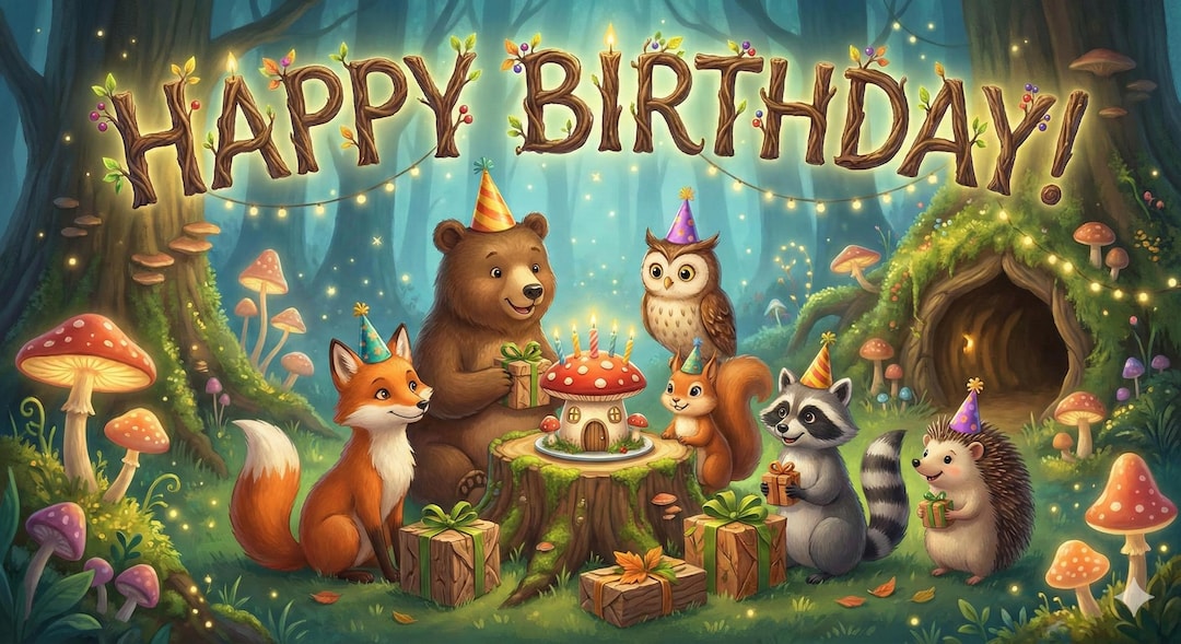 Woodland Animals Birthday Card Print , Party PNG, Enchanted Forest ...