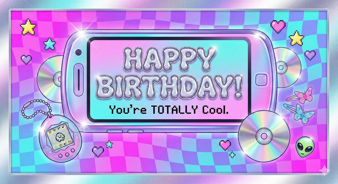 Retro Y2K Birthday Card, Holographic 90s Nostalgia Printable (digital ...