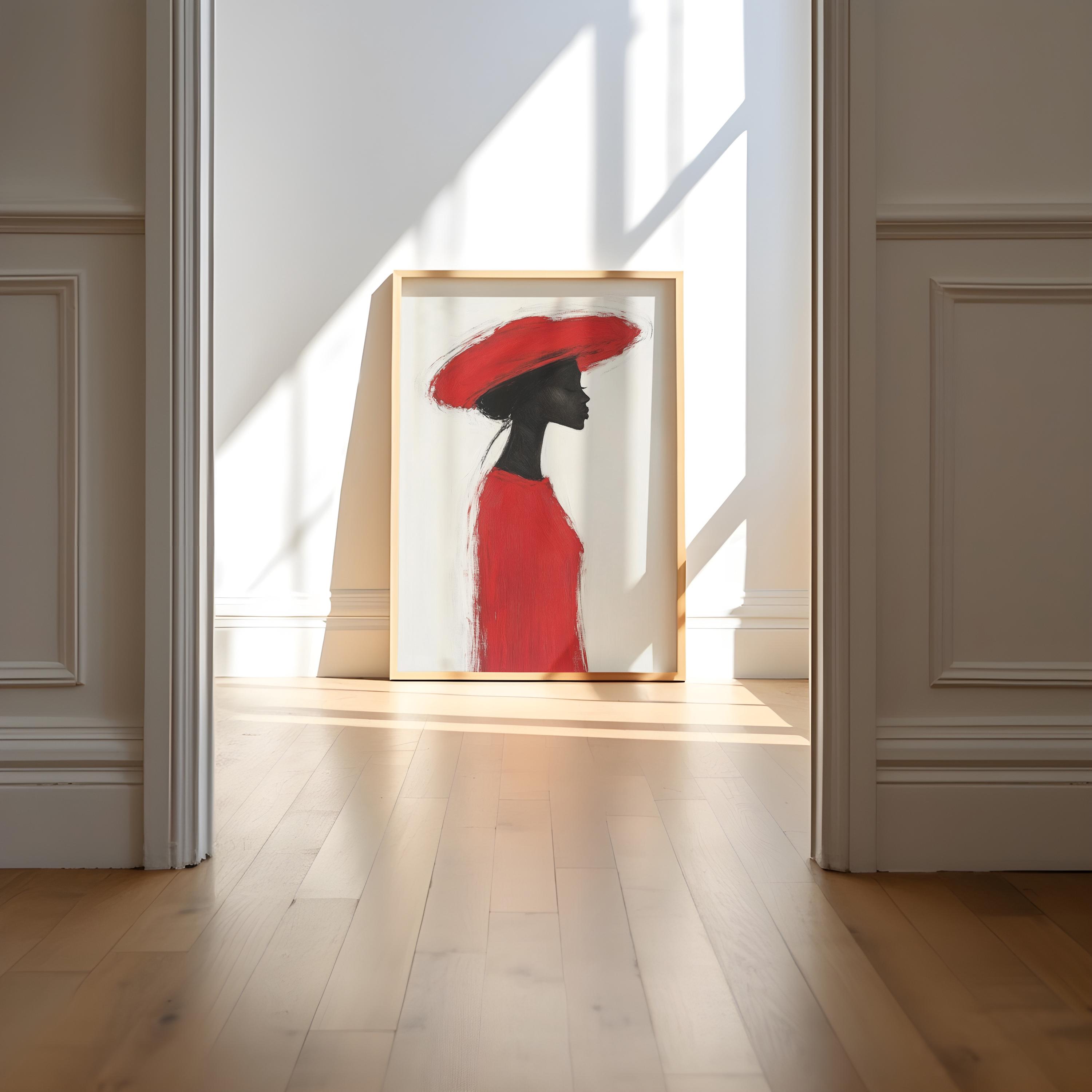 Abstract Red Hat Woman Art Print – Minimalist Wall Art – Modern Female ...