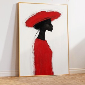 Abstract Red Hat Woman Art Print – Minimalist Wall Art – Modern Female ...
