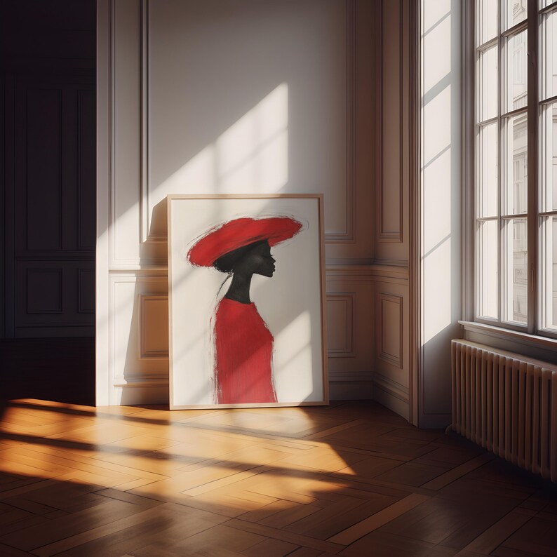 Abstract Red Hat Woman Art Print – Minimalist Wall Art – Modern Female ...