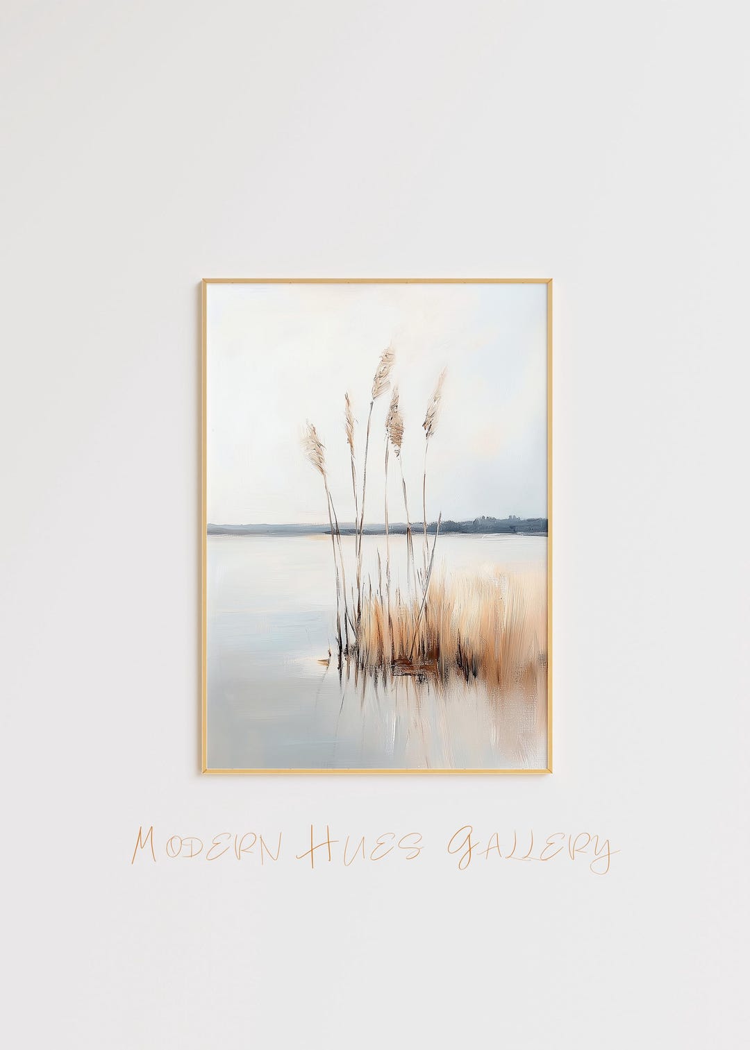 Minimalist Reed Grass Art Print – Serene Lake Landscape Painting ...