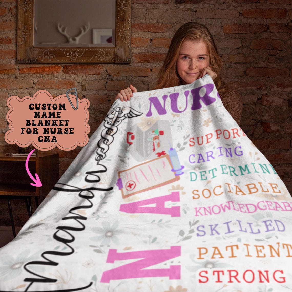 Personalized Name - CNA Nurse Blanket: Wildflower Sherpa Fleece Throw ...