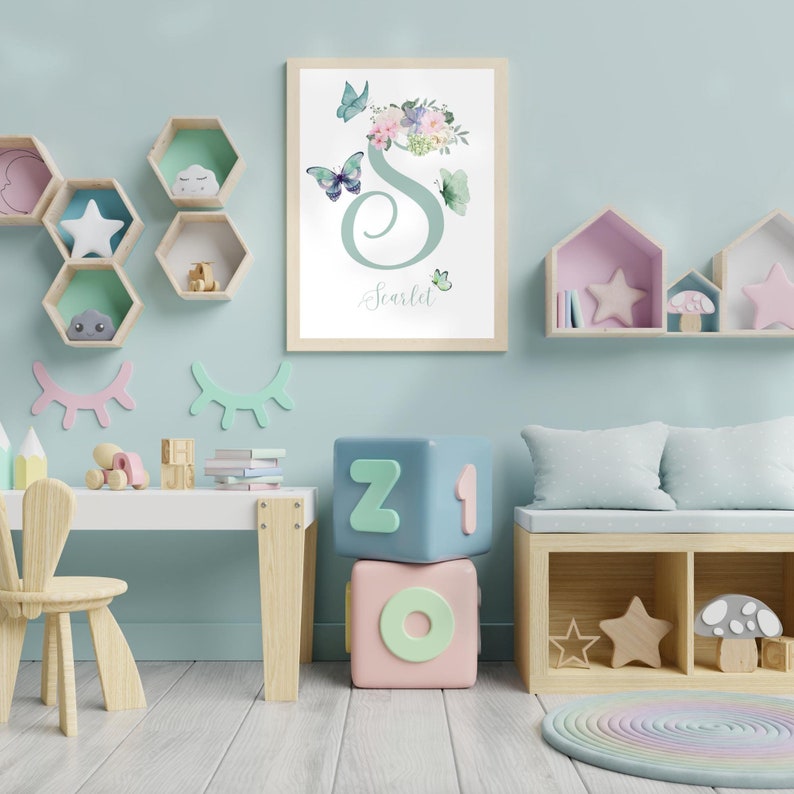 Personalized Floral Butterfly Initial Print | Custom Name Nursery Wall ...