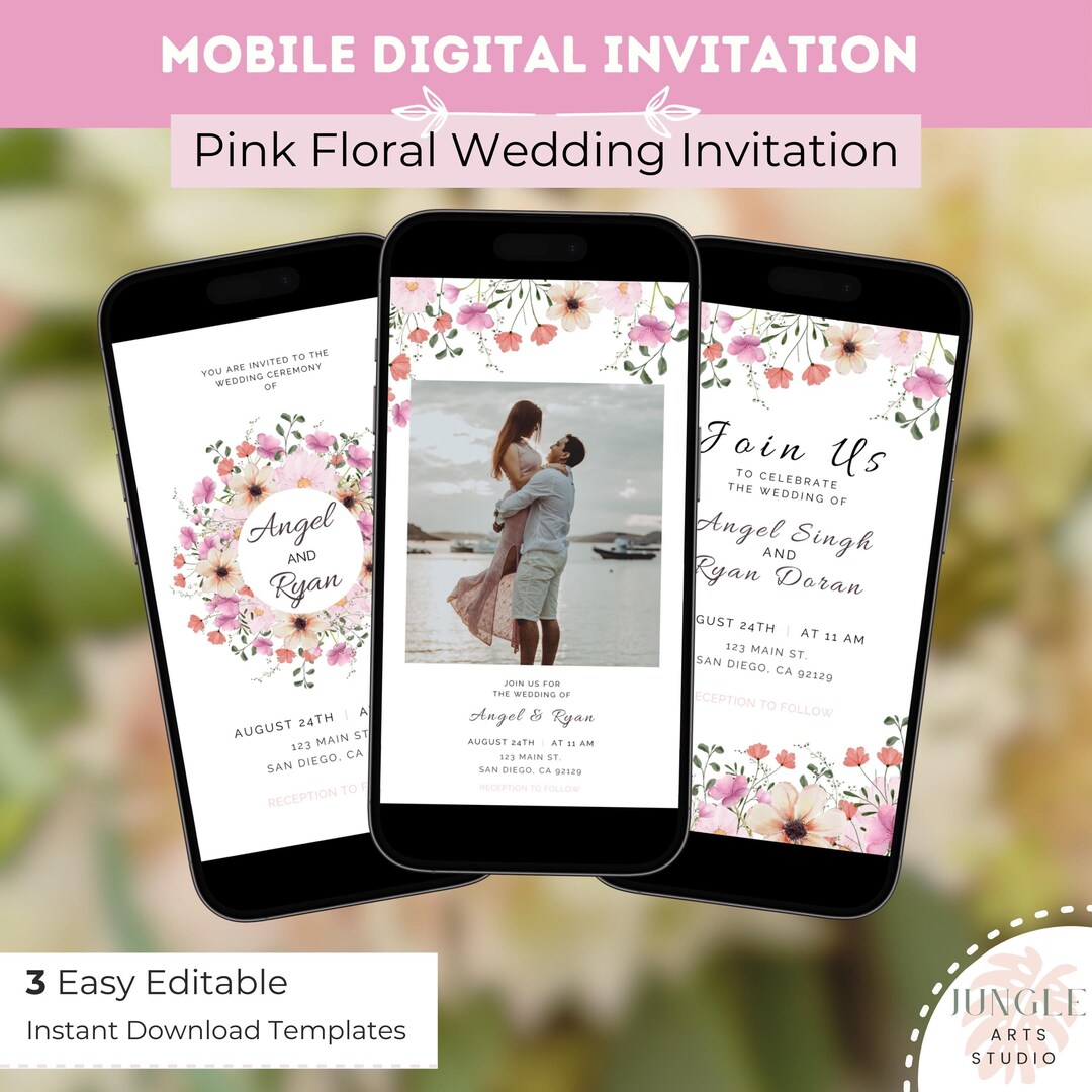 Pink Floral Mobile Wedding Invitation | Digital Pink Floral Wedding ...