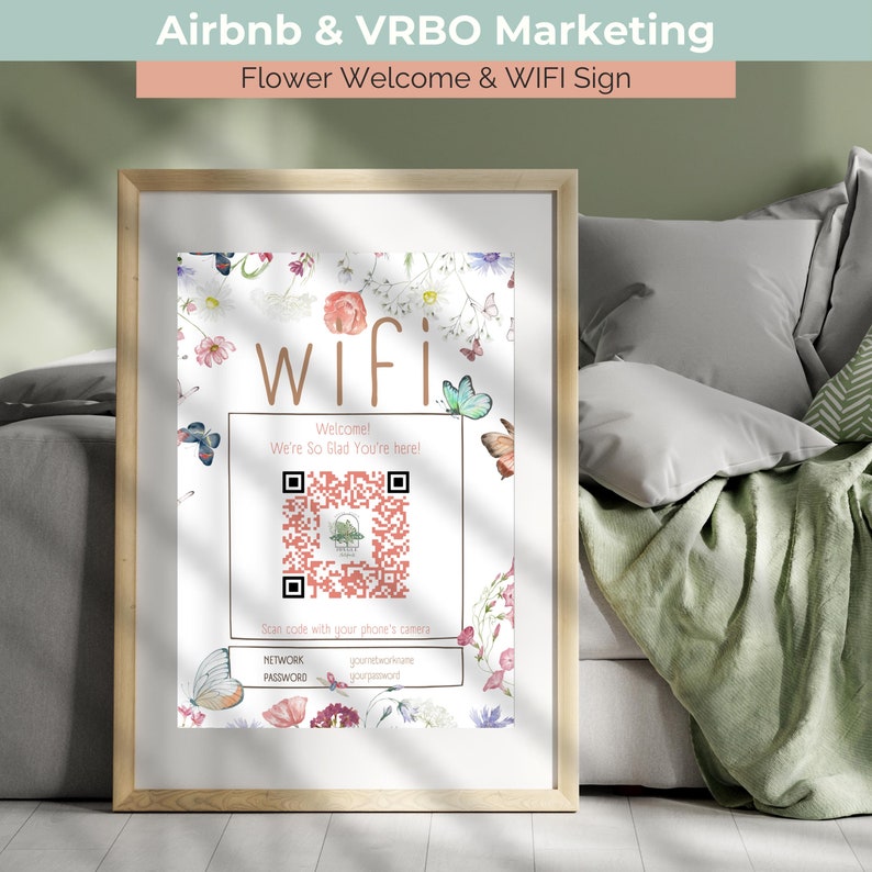 Flower Airbnb Wifi Password & QR Sign | Editable Wifi Airbnb Sign ...
