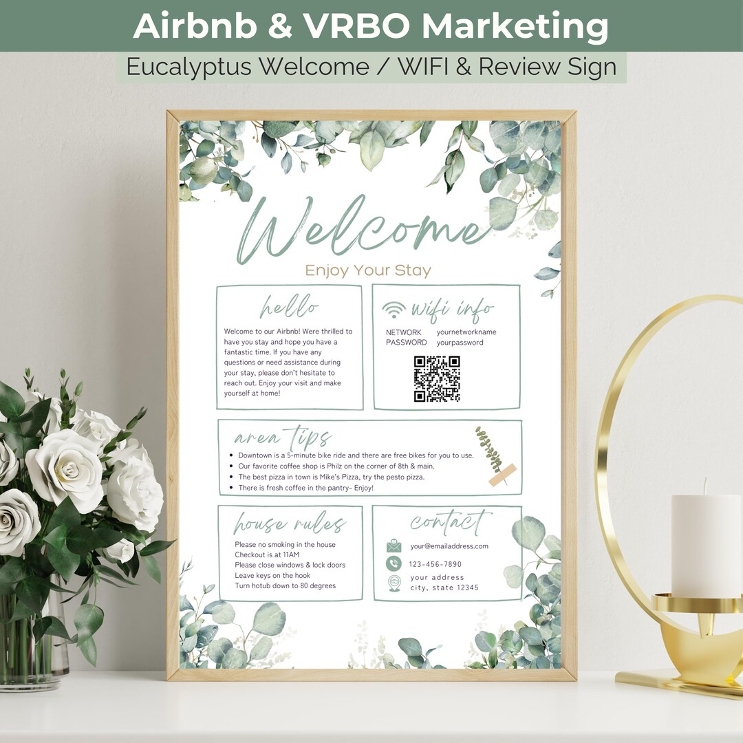 Eucalyptus Airbnb Welcome & Ratings / Review Sign | Airbnb VRBO ...