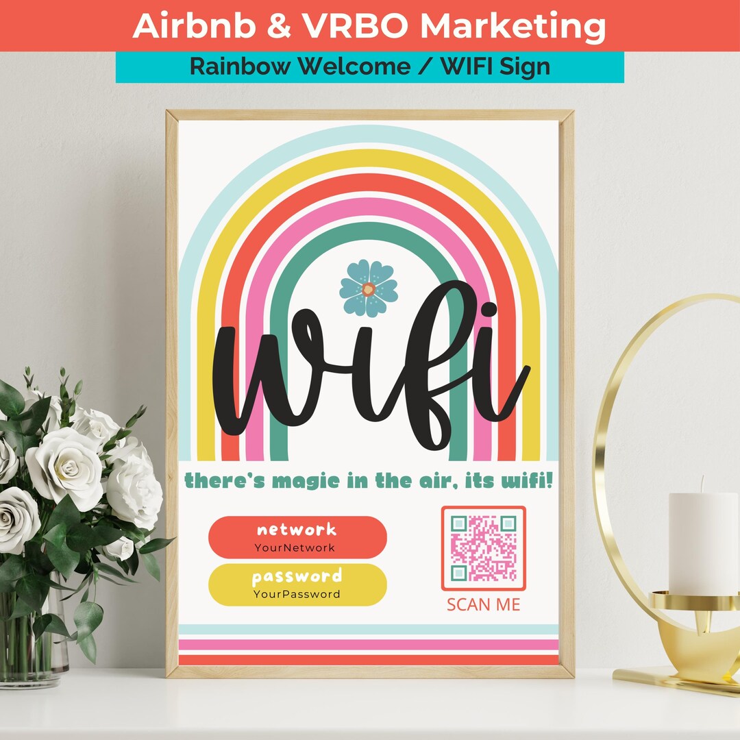 Rainbow Airbnb Wifi Password & QR Sign | Editable Wifi Airbnb Sign ...