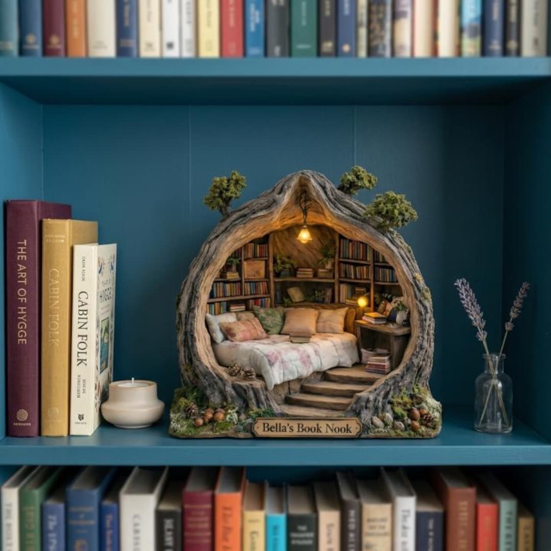 Cozy Book Nook Wooden Block, Miniature Reading Room Decor, Book Lover ...