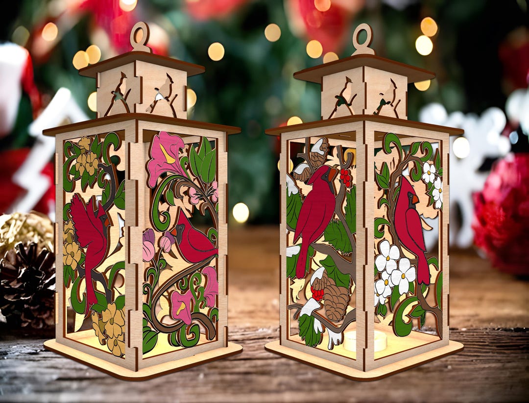 Floral Red Cardinal Lantern Svg, Cardinal Lightbox Template Svg, Wooden ...