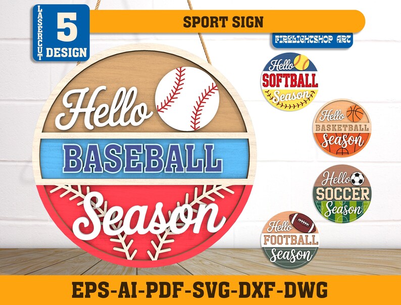 Hello Sports Season Door Sign SVG Bundle, Laser Cut Round Sign for ...