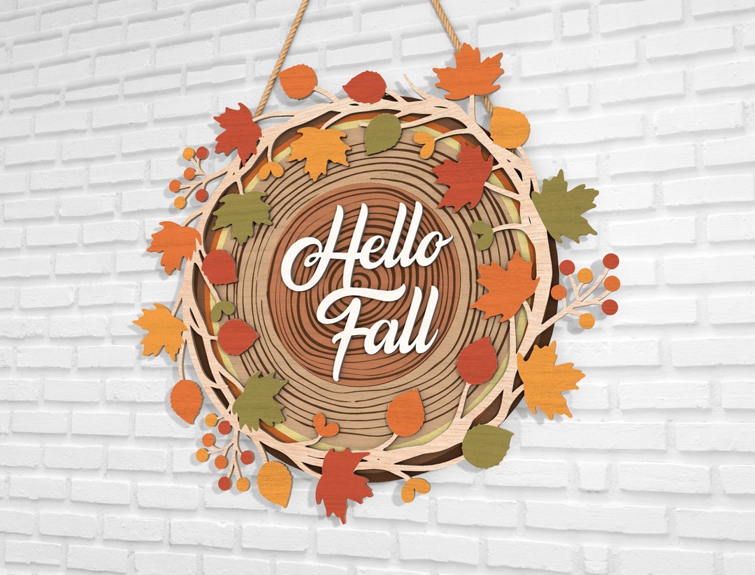 Hello Fall Round Sign Svg , Fall Leaves Door Hanger Svg, Autumn Welcome ...
