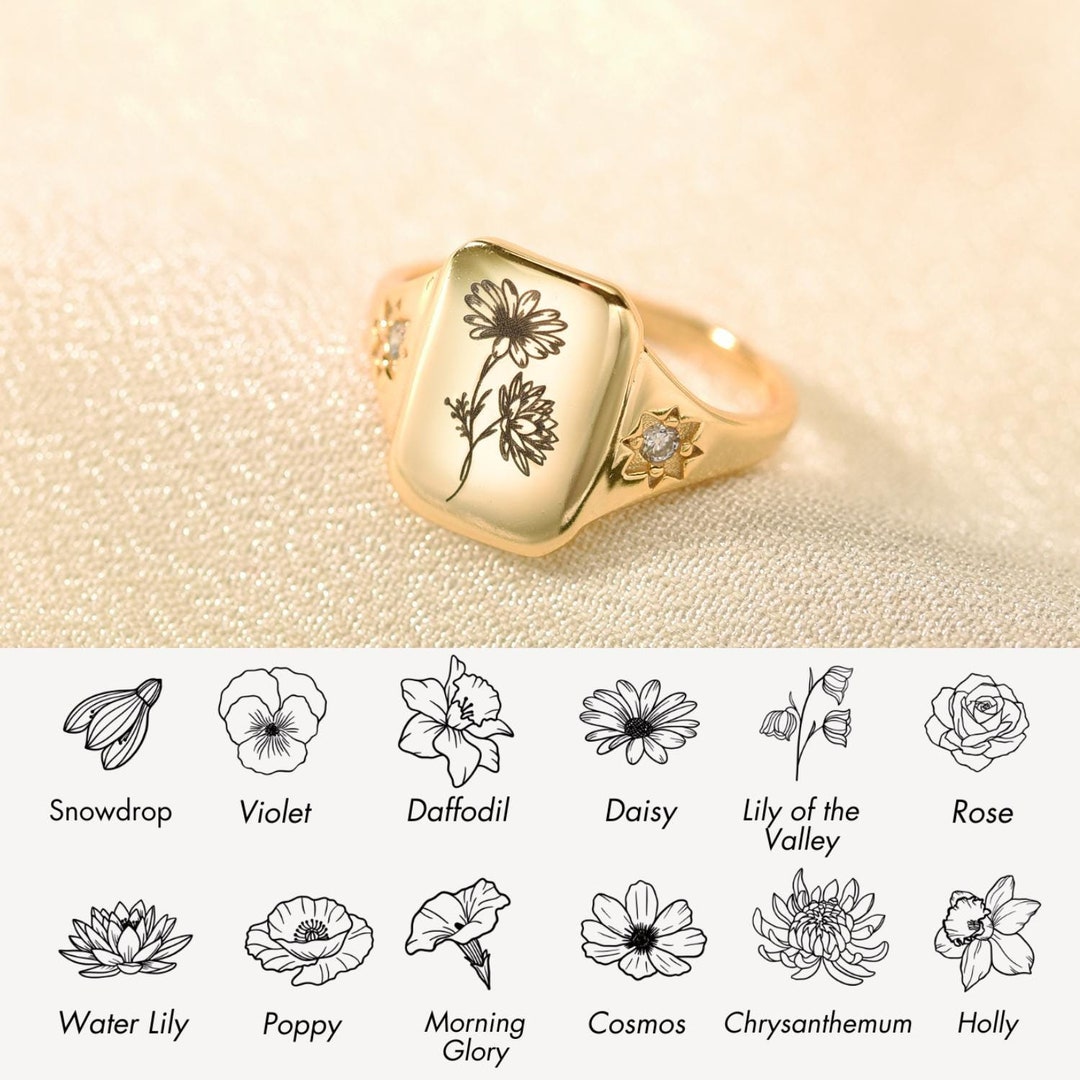 Personalized Birth Flower Ring, Birth Flower Jewelry, Mother's Ring ...