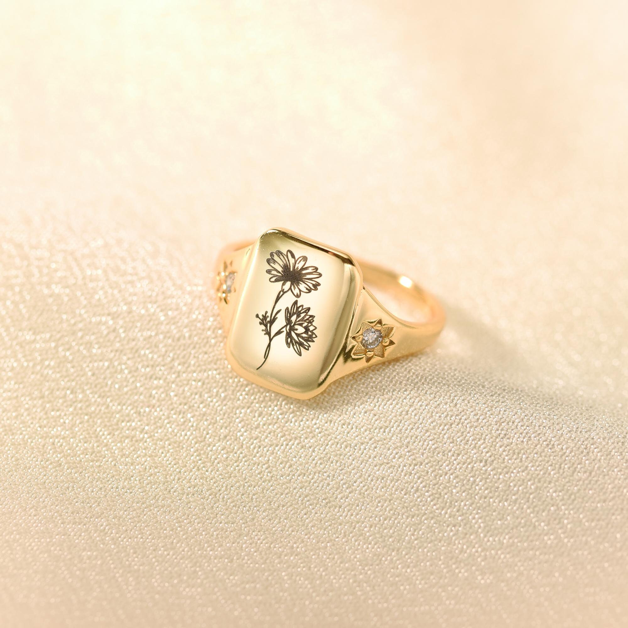 Personalized Birth Flower Ring, Birth Flower Jewelry, Mother's Ring ...