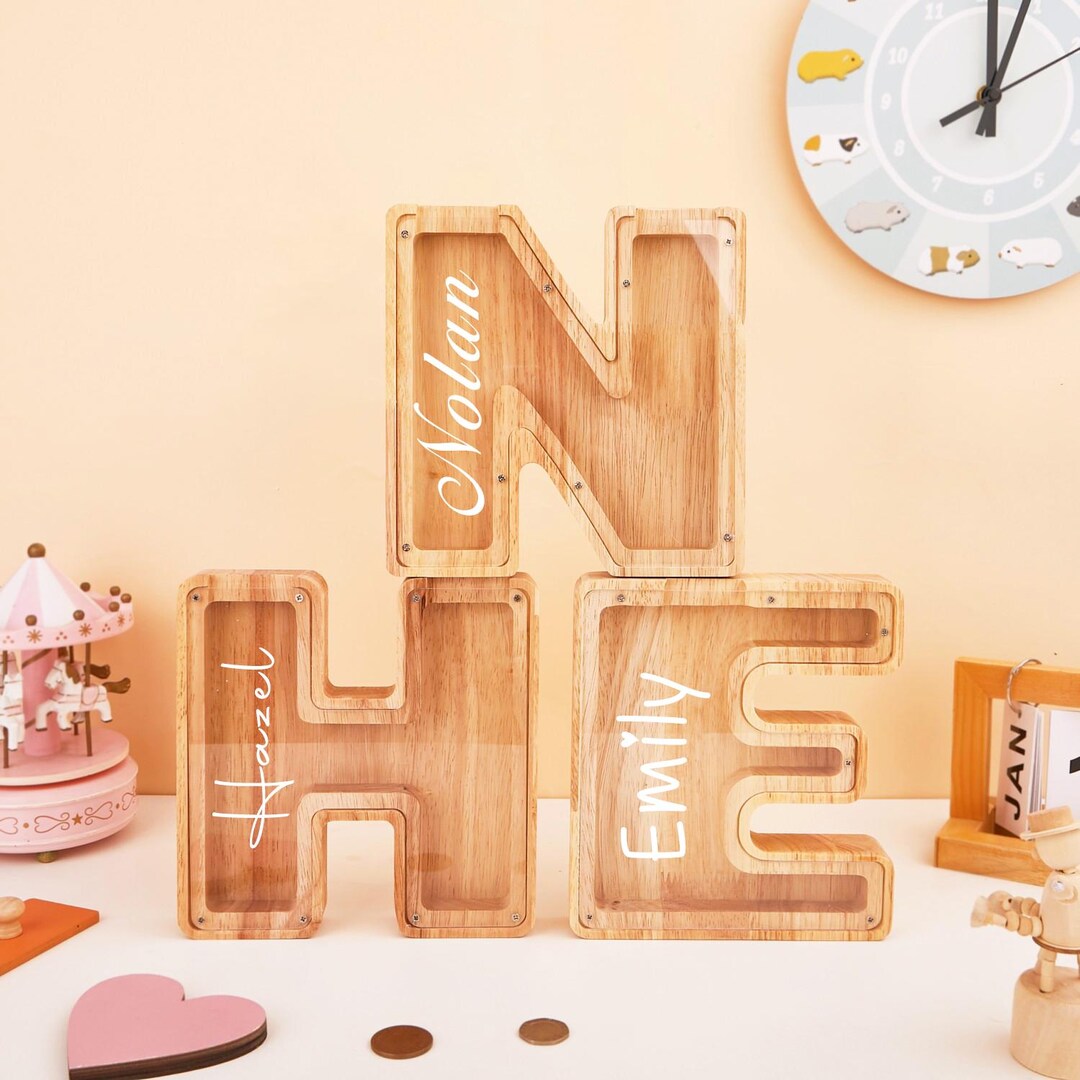 Custom Initial Coin Bank for Kids, Personalized Wood Alphabet Letter ...