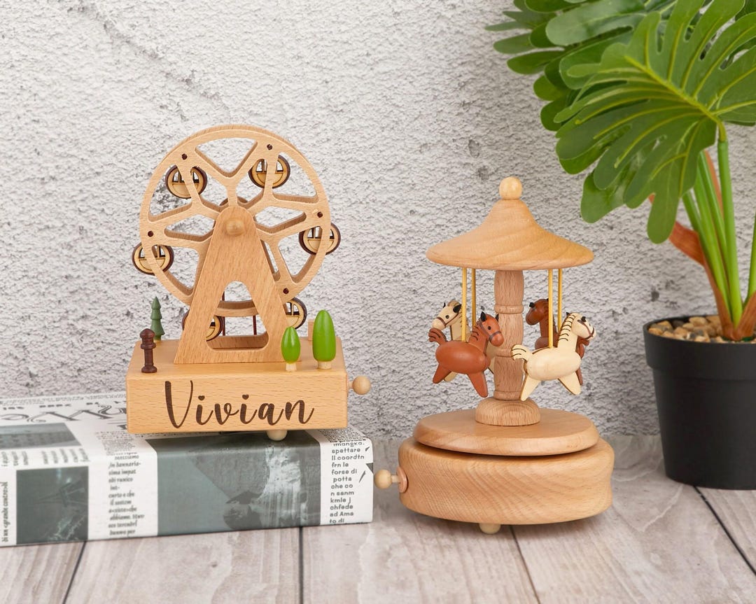 Personalized Wooden Music Box, Carousel, Engraved Name, Christmas Gift ...