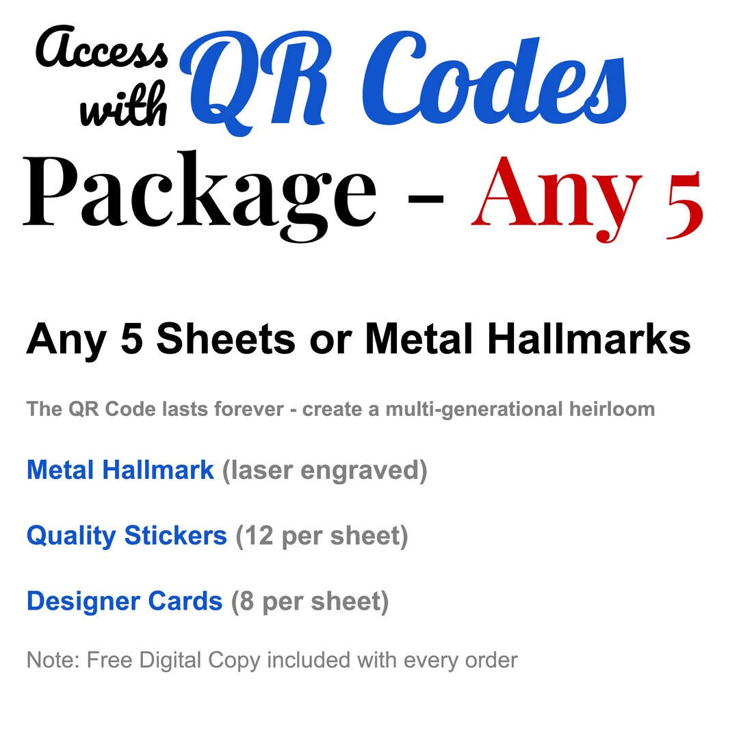 QR Code Package: Choose Any 5 Metal Hallmarks, Sticker Sheets, or ...