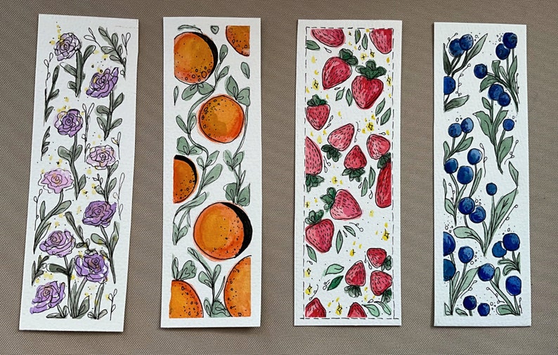 Hand Painted Watercolor Fruit and Flower Bookmarks, Set of 4 - Etsy