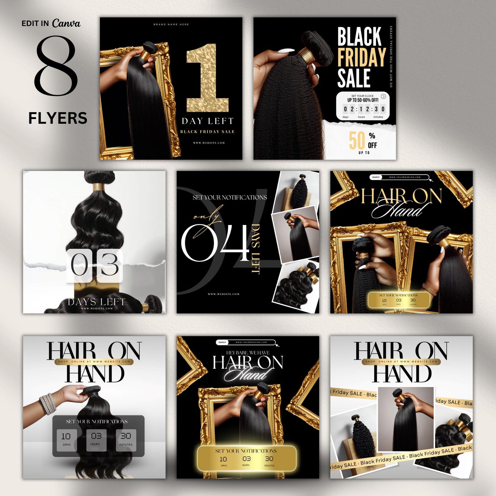 Hair on Hand Flyer Bundle, Black Friday Sale, Editable Canva Template ...