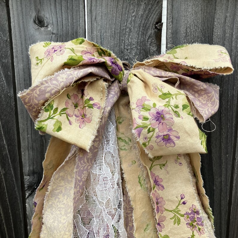 Messy Tattered Primitive Rag Bow Rustic Shabby Bow Decor Coffee Dyed ...