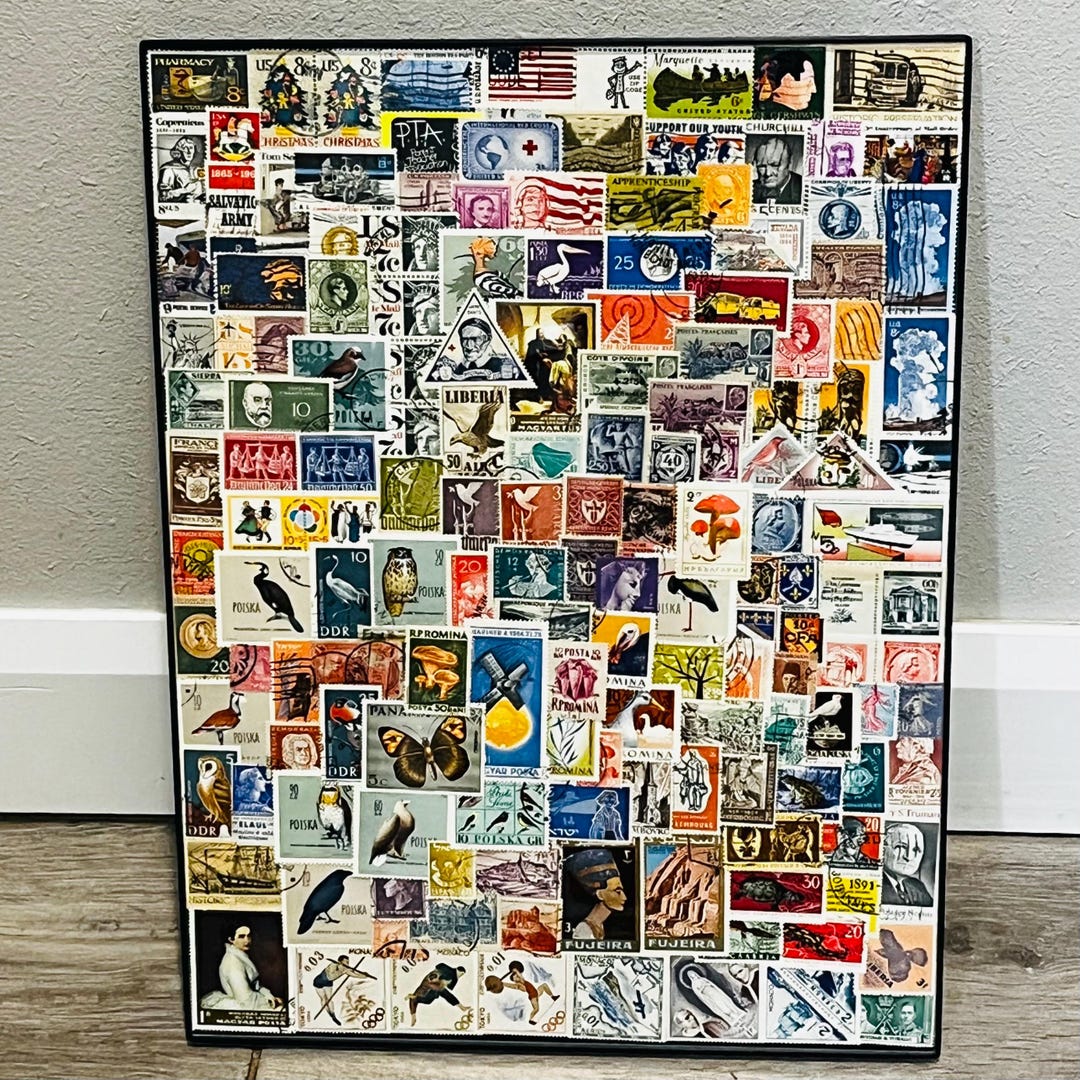 Vintage Worlwide Postage Stamps Wall Art in Black Frame Used and Unused ...