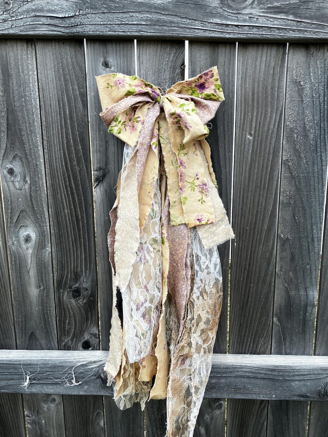 Messy Tattered Primitive Rag Bow Rustic Shabby Bow Decor Coffee Dyed ...