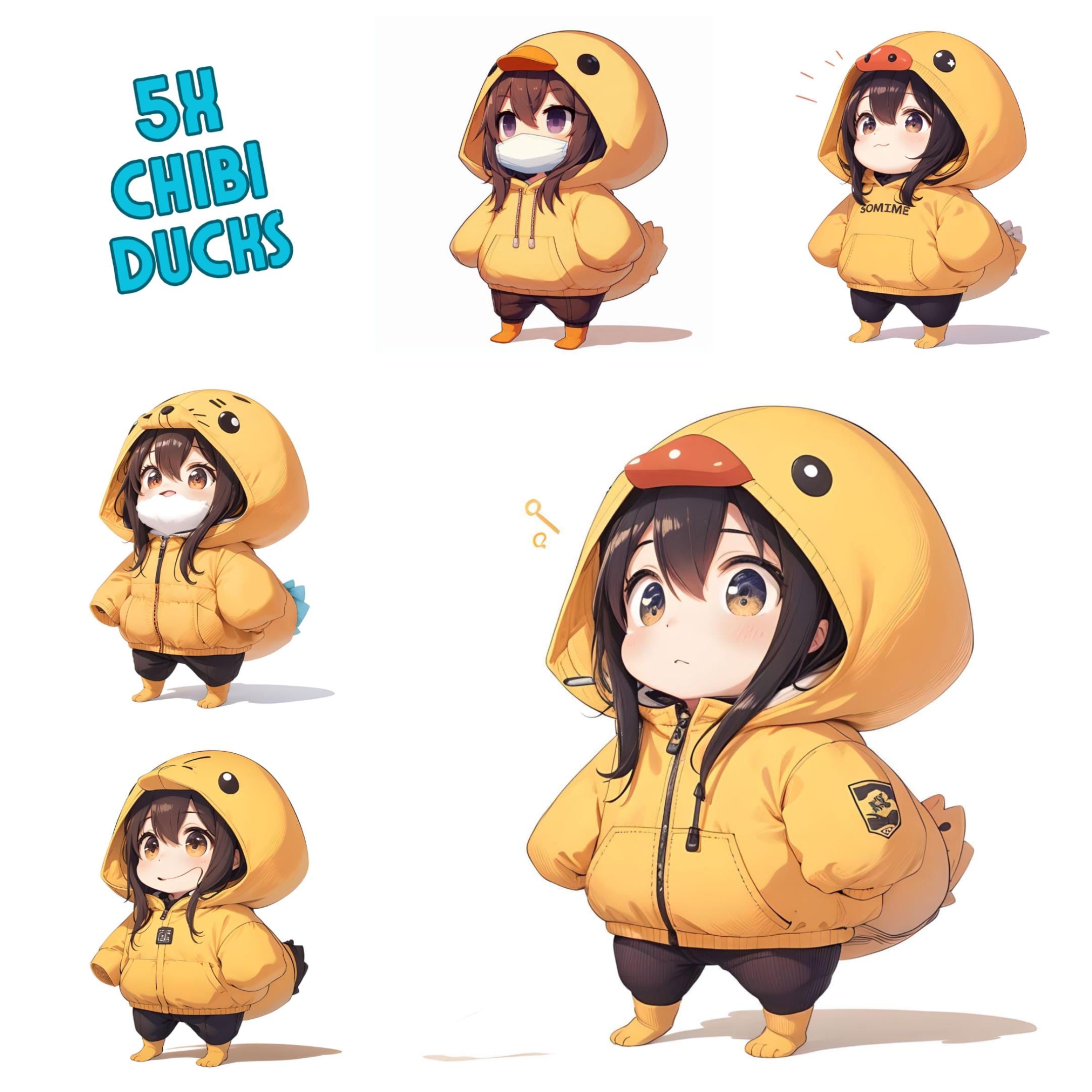 5 X Cute Chibi With Duck Hoodies. Anime PNG Downloads. Kawaii Duck ...