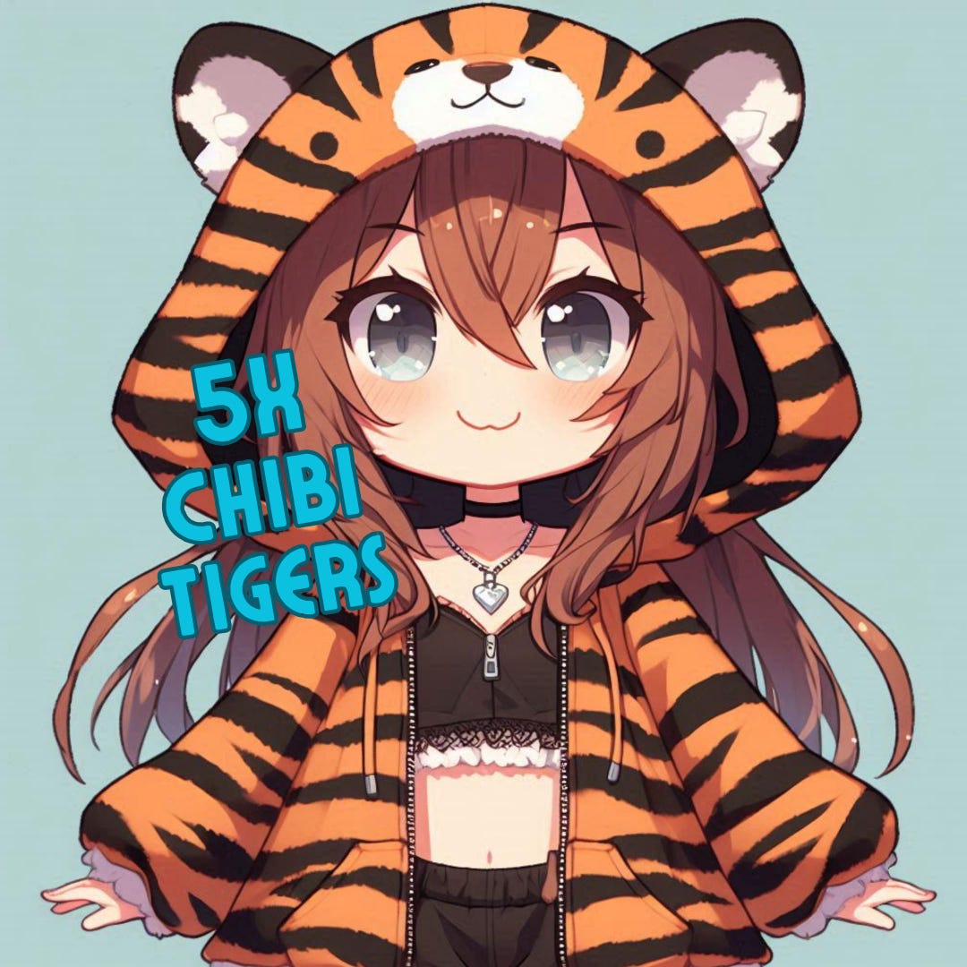 5 X Cute Chibi With Tiger Hoodies. Vtuber Style Anime PNG Downloads ...