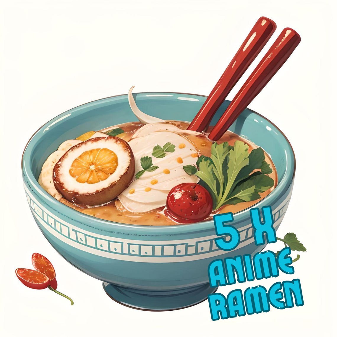 5 X Ramen & Egg in Bowls. 2D Vtuber Style Anime PNG Download. Bowls of ...