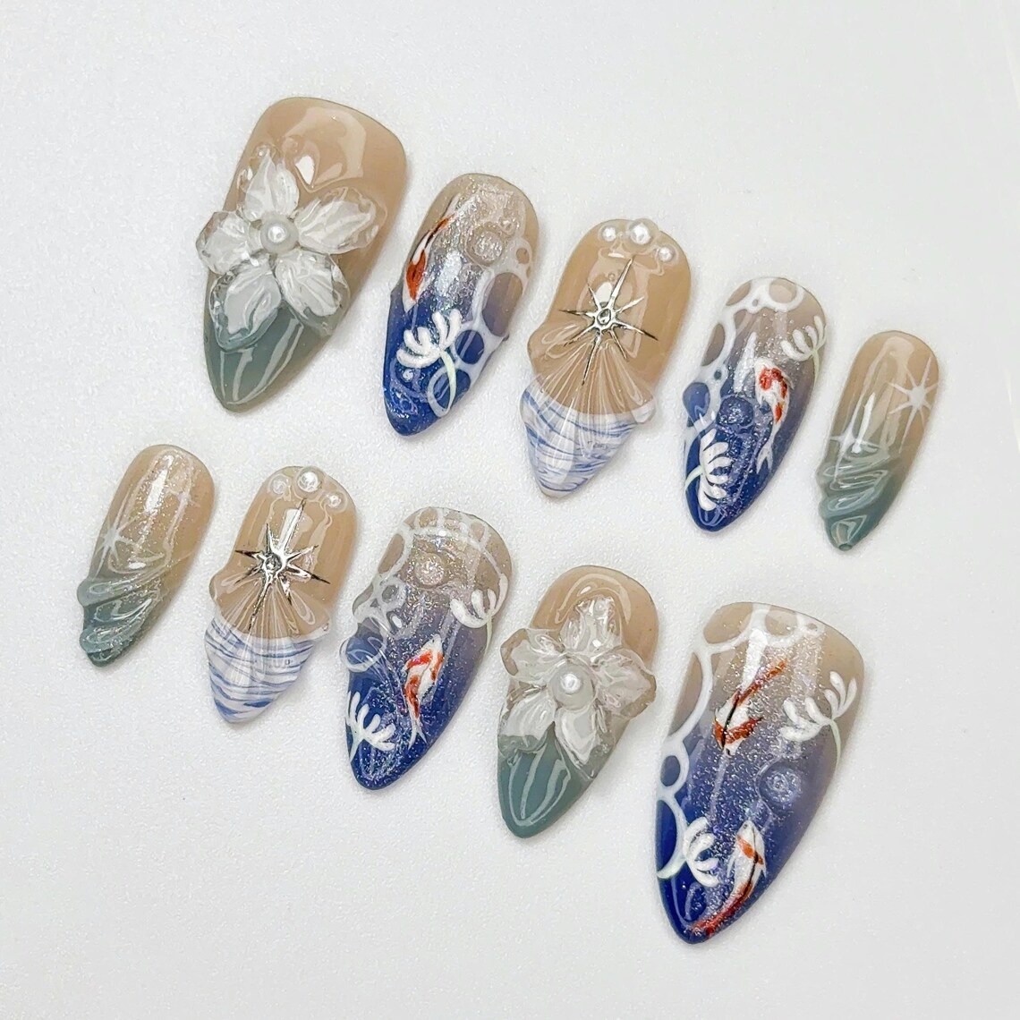 Handmade Koi Fish Press on Nails, 3D Nature Nail Art, Ocean Shell Coral ...
