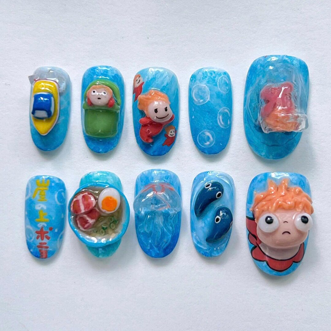 Studio Ghibli Ponyo 3D Nails, Kawaii Ponyo Ocean Press on Nails, Anime ...
