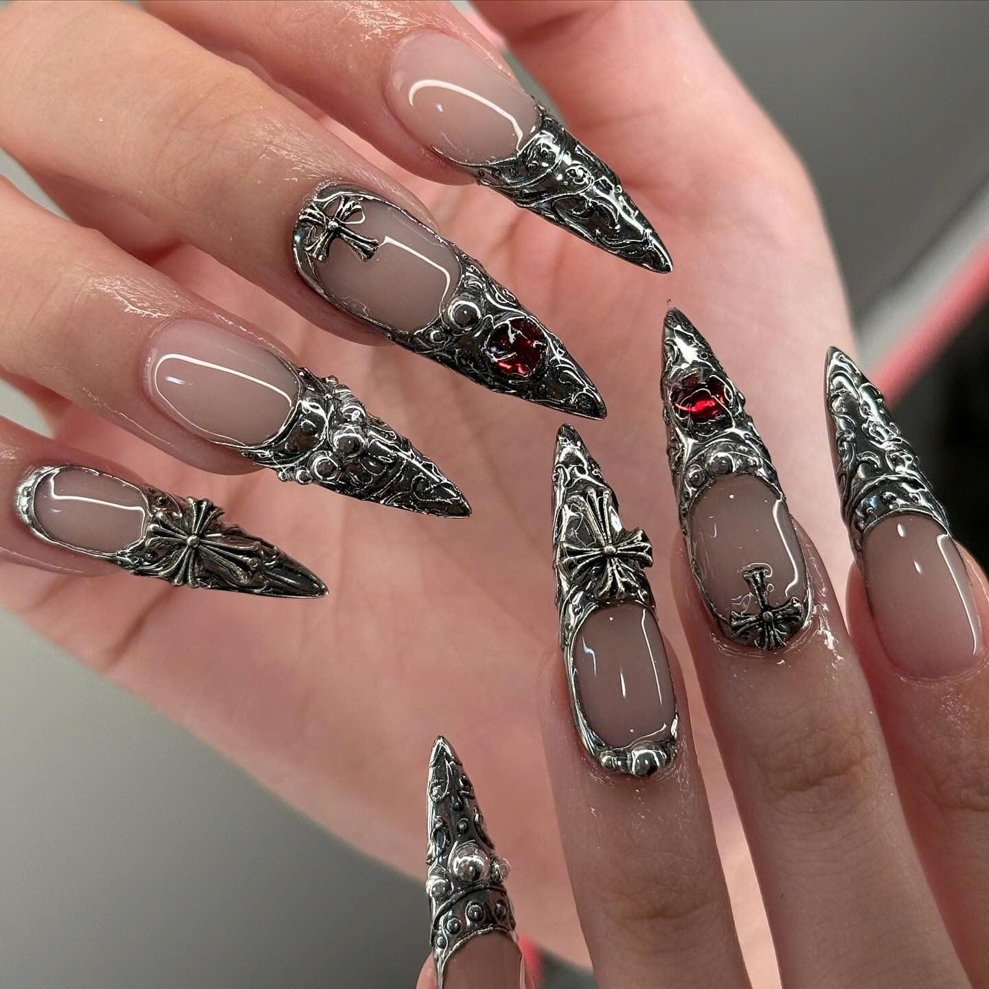 Silver Chrome Gothic Press on Nails | Mysterious Intricate Silver ...