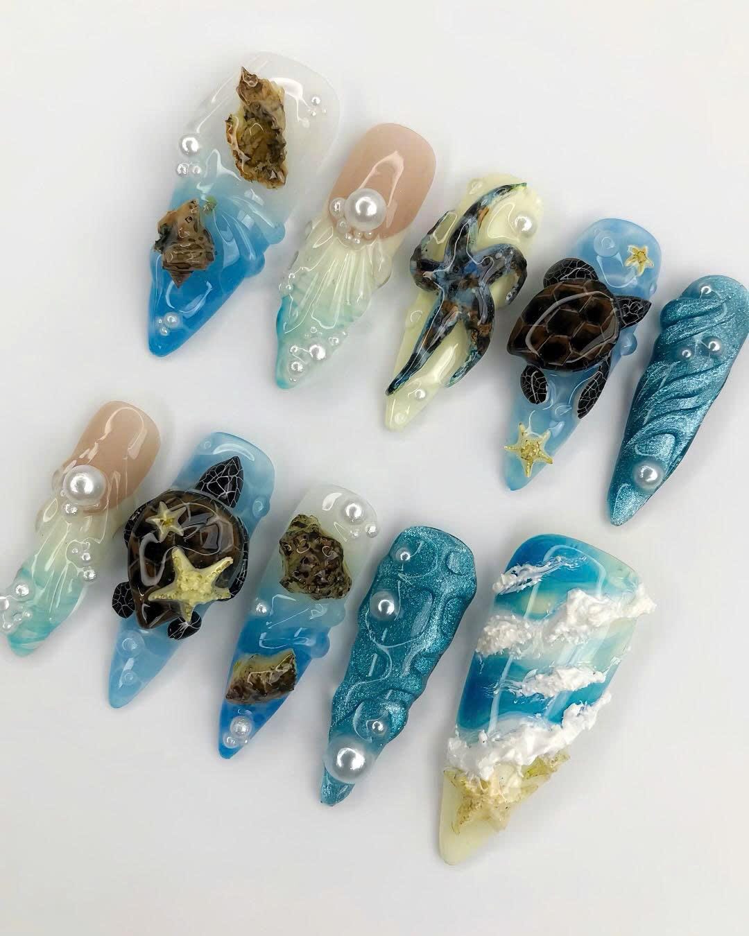 3D Turtle Press on Nails, Under the Sea Nails, Handmade Ocean Themed ...